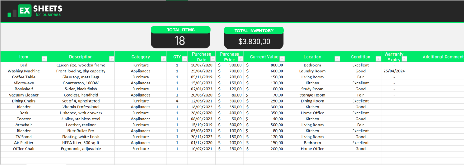 Free Home inventory Spreadsheet - Exsheets